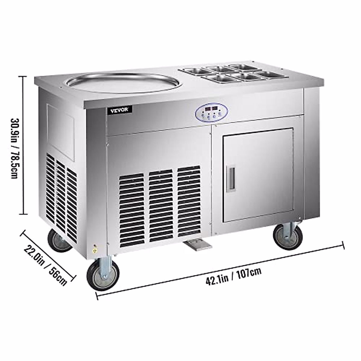 VEVOR Fried Ice Cream Roll Machine, Single Pan Commercial Ice Roll Maker, Stainless Steel Fried Ice Cream Roll Maker w/Refrigerated Cabinet & 6 Boxes, Roll Ice Cream Machine for Bar Cafe Dessert Shop