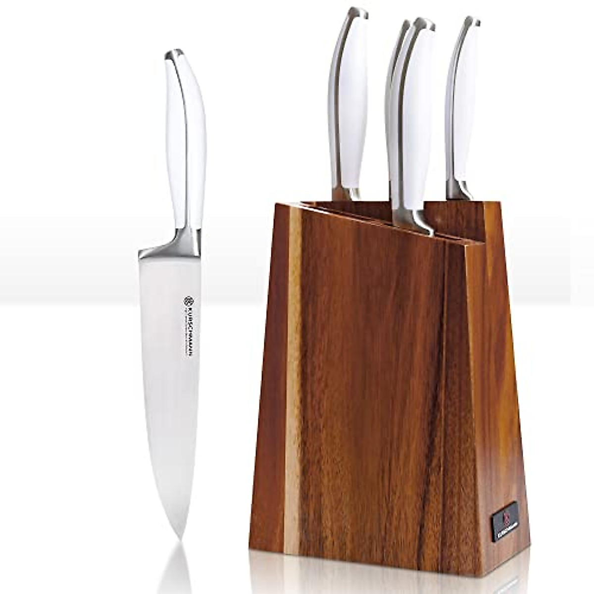 Kurschmann 6-Piece Chef Knife Set with Block-White Knife Set & Small Knife Block with Gyoto, Santoku, Bread, Paring & Utility Knife-High-Carbon Steel & Sustainable Acacia Kitchen Knife Set