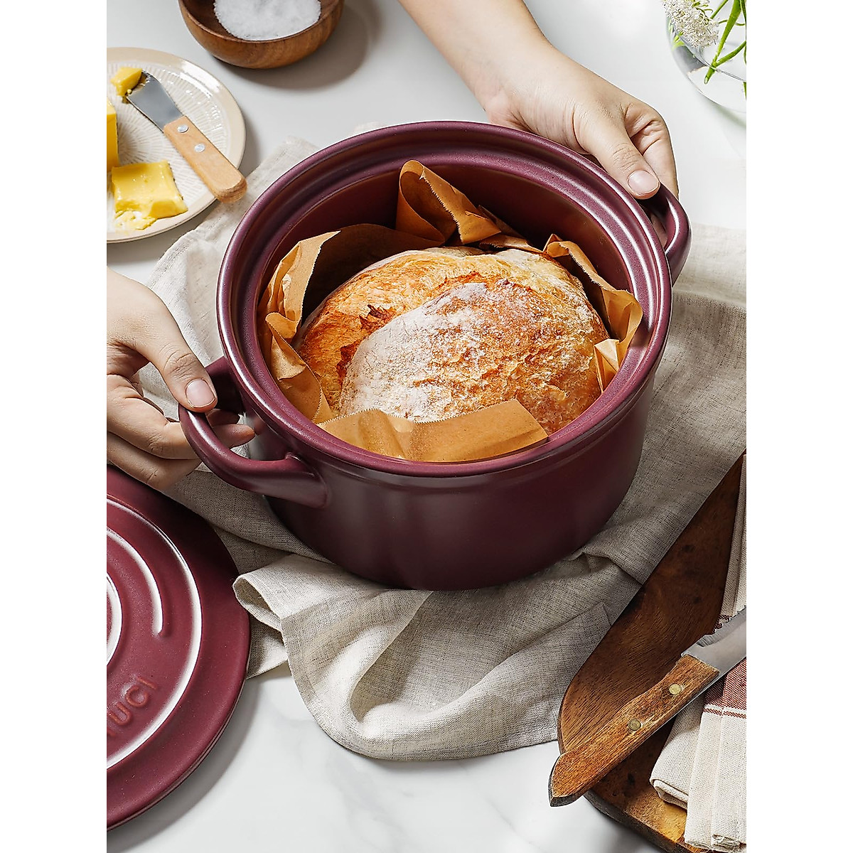 LE TAUCI 3 Quart Dutch Oven Pot with Lid, for No Knead Bread Baking, Sourdough Loaf, Non-Coated & Non-Toxic Ceramic Small Bread Oven Pan, Use as Non-Stick Soup & Stew Pot, Burgundy Red