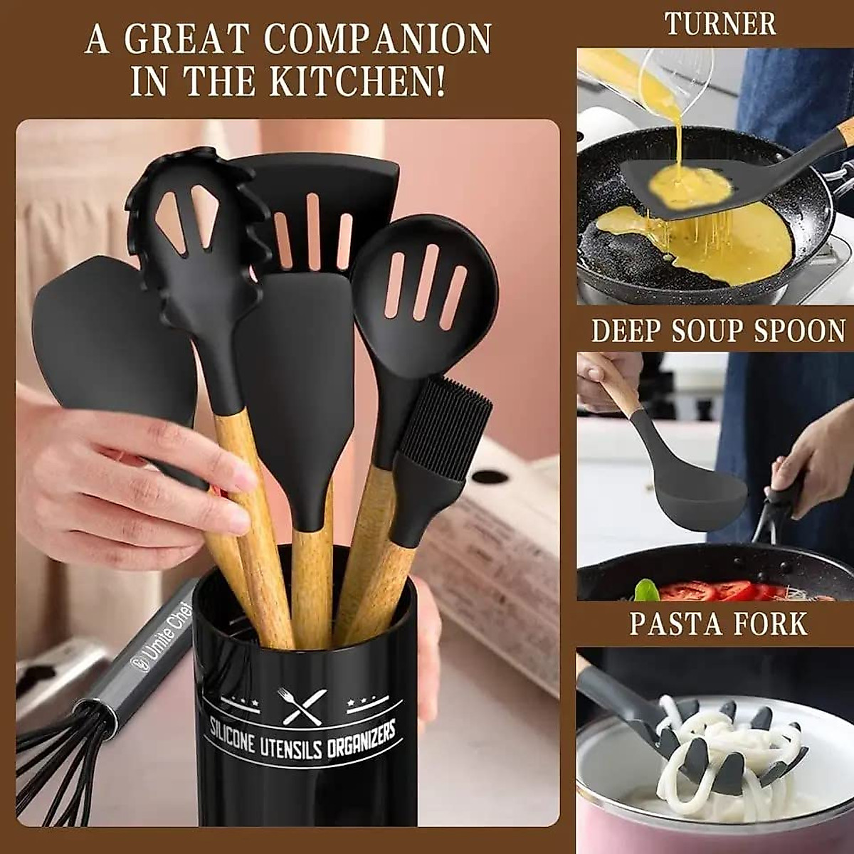 Kitchen Utensil, Cooking utensils, Cookware Set, 33-Piece, Kitchen, Cooking, Wooden Handle, Silicone Kitchen Products, Nonstick Heat-Resistant, Cookware Tools, Kitchen Gadgets, (Black)