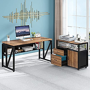 Tribesigns L Shaped Desk with Drawer Cabinet, 55" Executive Computer Desk and lateral File Cabinet, 2 Piece Home Office Furniture with Drawers for Hanging File, Doors with Locks (Dark Walnut+Black)