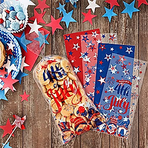 100Pcs Patriotic Decorations 4th of July Party Cellophane Treat Bags,Red Blue Stars Plastic Goodie Bags Candy Favor Bags with Silver Twist Ties for American Patriotic Day Veterans Day Party Supplies