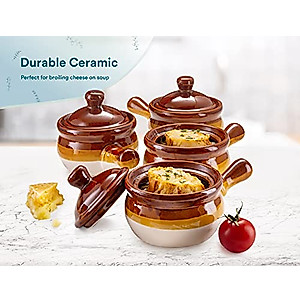 French Onion Soup Crocks with Lids, by Kook, Ceramic Bowls, Large Handles, Dishwasher, Microwave, Oven & Broil Safe, Brown/White, Set of 4, 15 oz, Puebla Collection