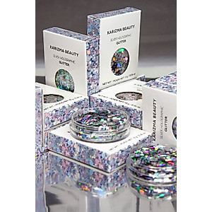 KARIZMA Holographic Silver Body Glitter. 10g Chunky Face Glitter, Hair Glitter, Eye Glitter and Body Glitter for Women. Rave Glitter, Festival Accessories, Cosmetic Glitter Makeup. Loose Glitter Set