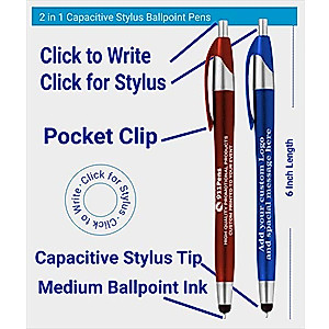 Personalized Writing Ink Ballpoint Novelty Pens, Custom Printed with Your Logo & Text"Click to Write - Click for Stylus Tip!" Works with Android, iPhone, iPads (Pack of 70 Pens - Green Barrels)