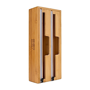 Bamboo 2 in 1 Roll Organizer, Dispenser, and Cutter. Holds Standard 12 inch Rolls. Works with Aluminum Foil, Plastic Wrap, Wax Paper, Parchment Paper