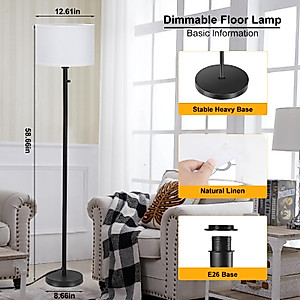 Floor Lamps for Living Room, Stepless Dimmable Standing Lamp, Modern Floor Lamp with Rotary Switch, White Linen Shade, 9W Led Bulb Included(1000LM,2700K), Tall Lamp for Bedroom, Office, Farmhouse