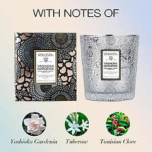 Voluspa Yashioka Gardenia, Classic Boxed Candle, 9 Ounce, 60 Hour Burn Time, All Natural Wicks and Coconut Wax for Clean Burning, Vegan, Poured in The USA