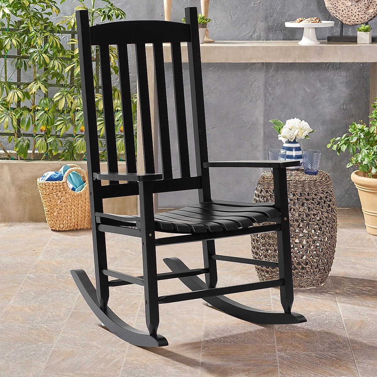Outdoor Rocking Chairs, Wooden Rocking Chair with a Curved Seat & a High Slatted Backrest, Rocking Chairs with Wide Arms, Black Rocking Chair with Load Bearing 243 lbs for Patio Backyard Porch Garden