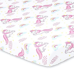 The Peanutshell Mini Crib Sheet Set for Baby Girls - 2 Pack Set for Mini Crib, Pack n Play, Playard - Pink Unicorn & Rainbow