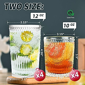 Vintage Striped Glassware 8 Set, Textured Drinking Glasses, 4 Highball 12oz & 4 Rocks 10oz, Juice Cups for Cocktails & Beverages, for Home and Bar