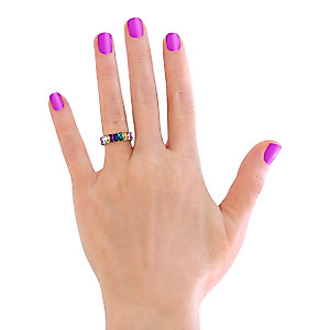 Savlano 18K White Gold Plated Cubic Zirconia Emerald Cut Multicolor Rainbow Eternity Ring Band (10)