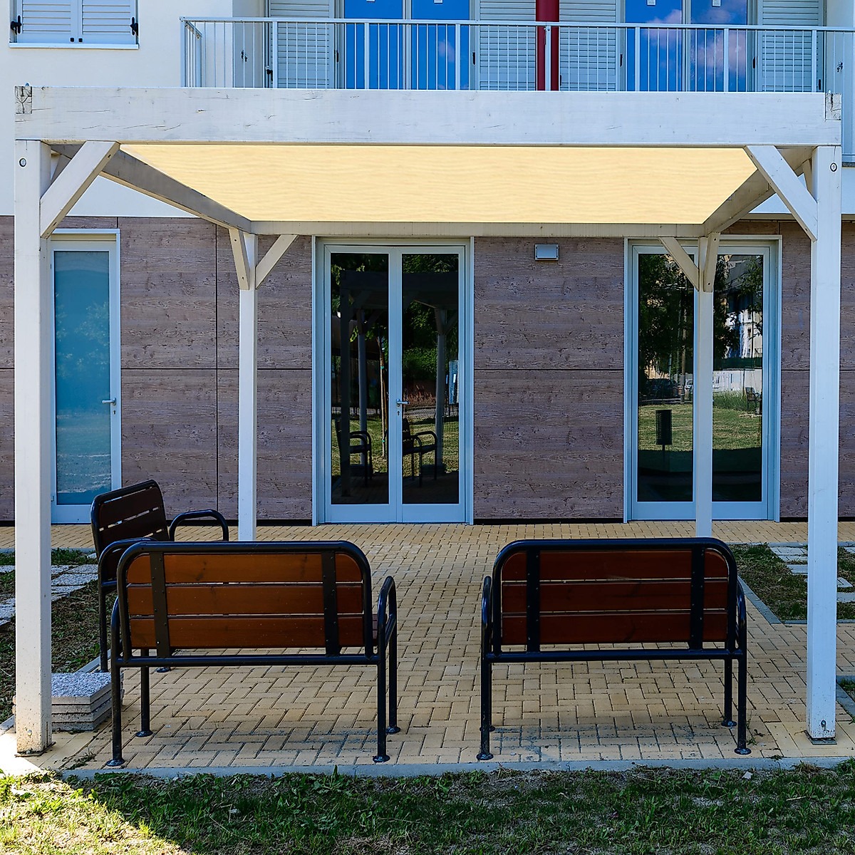 Shatex 90% Sun Shade Fabric, 8x16ft Sun-Block Net Mesh Shade with Clips for Pergola Cover Porch Vertical Screen, Beige