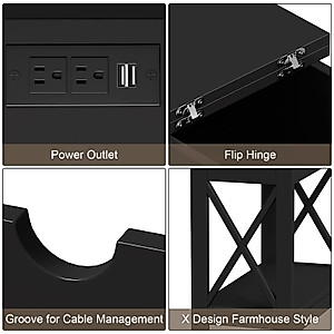 ChooChoo End Table with Charging Station - Narrow Flip Top Side for Small Spaces, Bedside Table with USB Ports & Power Outlets, Storage Nightstand Sofa Table for Living Room, Bedroom (Black).