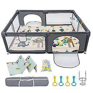 Baby Playpen with Playmat, Cuddor Large Play Yard for Babies and Toddlers 79'' x 59'', Infant Activity Center Play Pen Fence Indoor and Outdoor (Dark Gray)