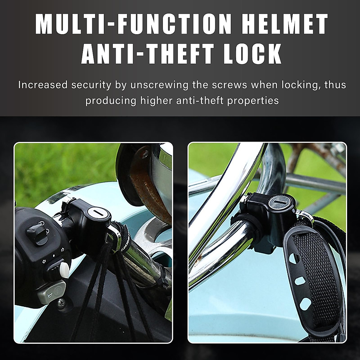 Augeny Motorcycle Helmet Lock Anti-Theft, Metal Tamper-Proof Portable Helmet Safety Lock with 2 Keys, 22-26mm Universal Helmet Accessories for Motorbike Scooter Street Bike (Lock & Black Rope)