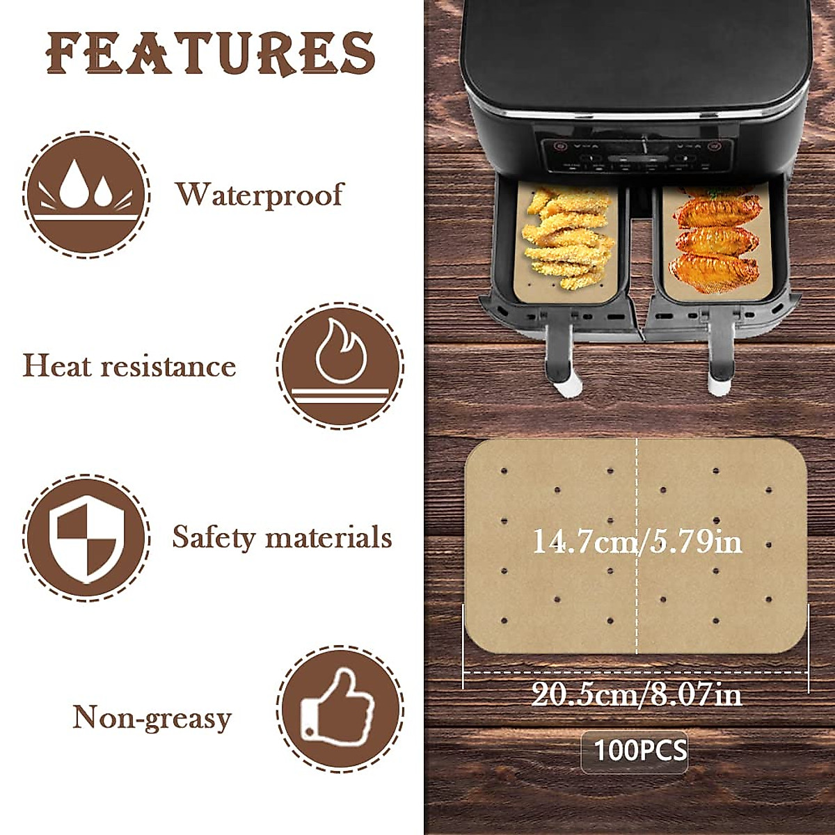 2pcs Air Fryer Rack Set with 100pcs Parchment Paper Compatible with Ninja Foodi Air Fryer DZ201, DZ401, 304 Stainless Steel Toast Dehydrator Racks Air Fryer Paper Liners for Double Basket Air Fryer