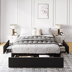 IMUsee Queen Bed Frame with Storage, 3 Large Drawers on Wheels, Fabric Upholstered Platform Bed, No Box Spring Needed, Wood Slats Support, Easy Assembly, Dark Grey