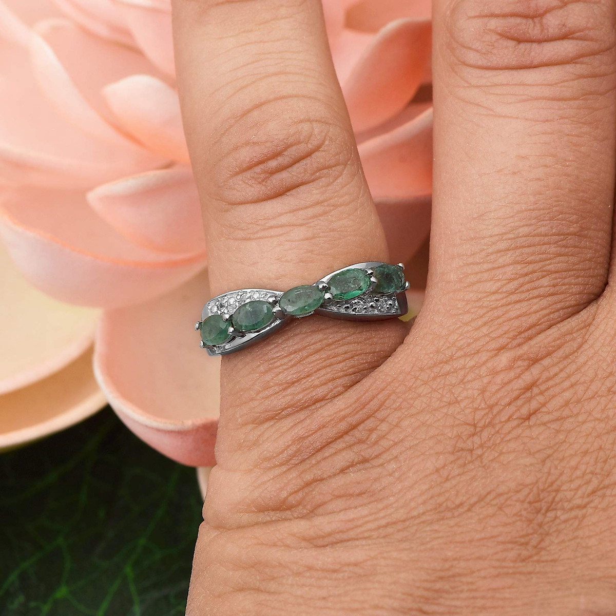 Shine Jewel Genuine Emerald 925 Silver Stacking Ring Half Eternity Wedding Stackable Band (10)