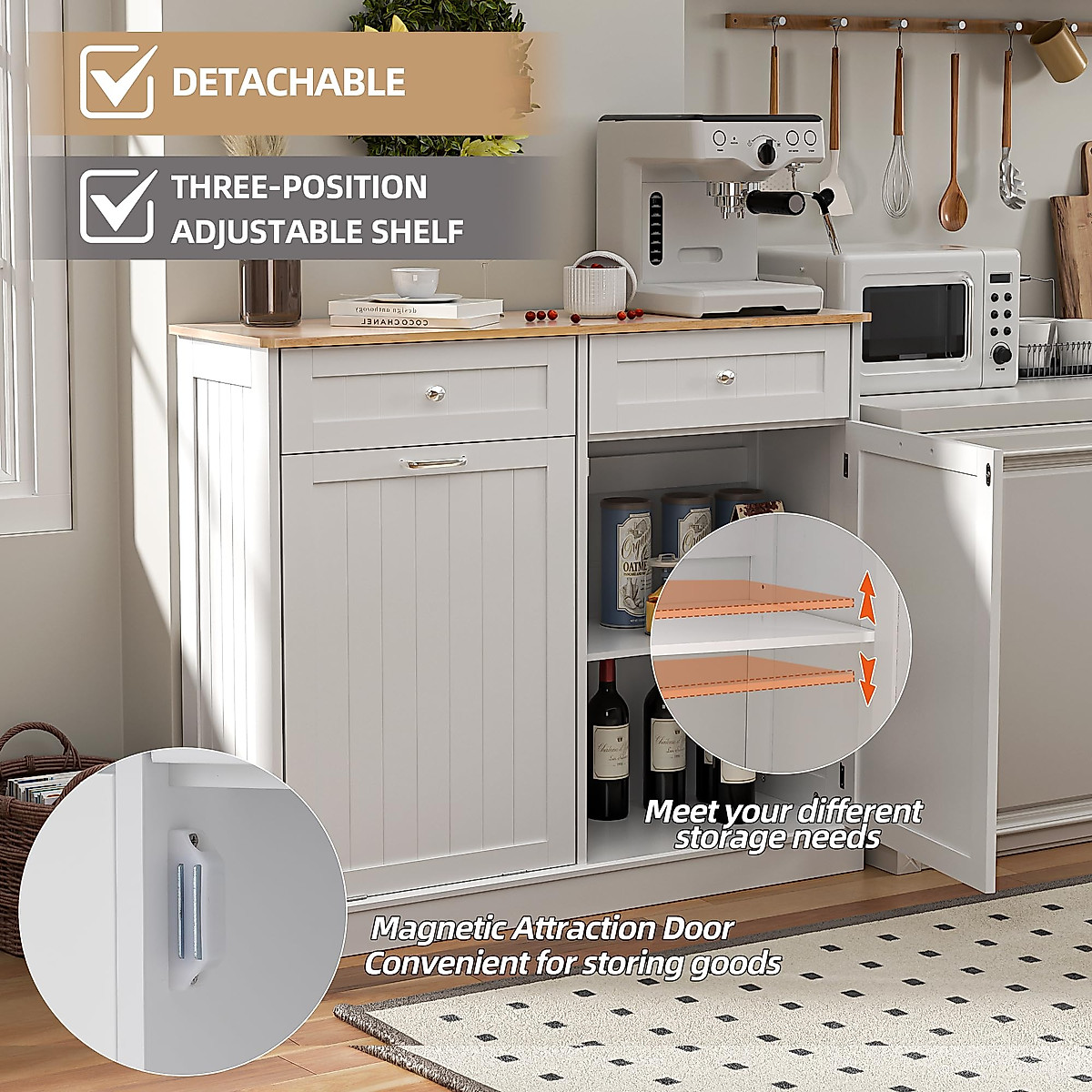 Spurgehom Dual Door Trash Cabinet Kitchen Waste Bins, Laundry Hamper Tilt Out Trash Can Cabinet with Hideaway Drawer Storage Bag,13 Gallons Pet Proof Trash Can for Living Room, White