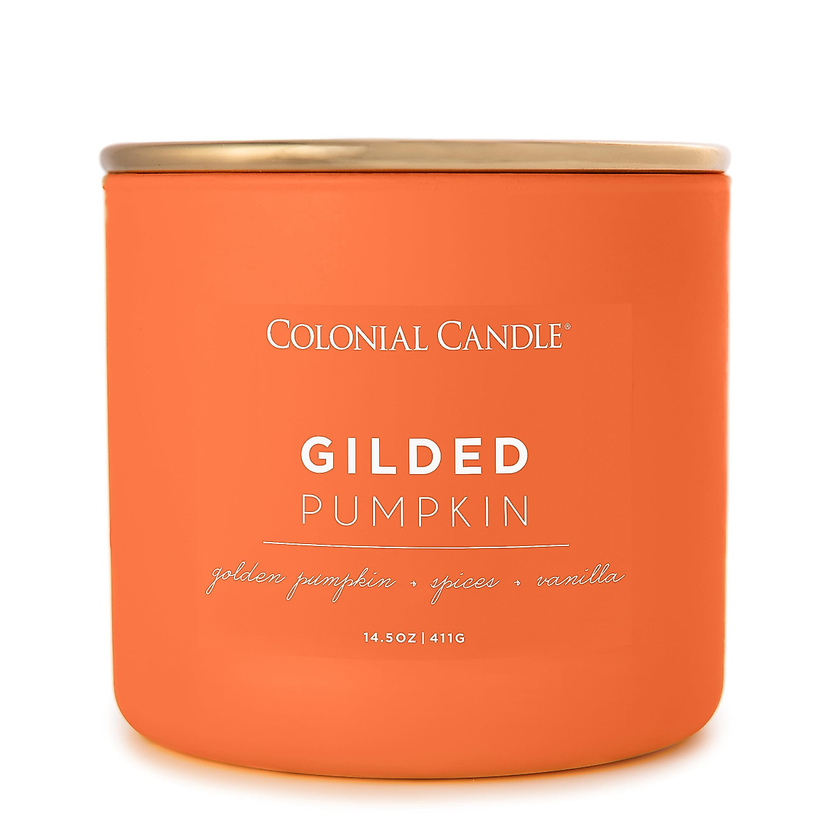 Colonial Candle Gilded Pumpkin Scented Jar Candle, Pop of Color Collection, 3 Wick, Orange, 14.5 oz - Up to 60 Hours Burn