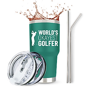 JENVIO Golf Gifts For Men | Worlds Okayest Golfer Insulated Stainless Steel Travel Tumbler Mug Including 2 Lids and 2 Straws | Funny Gag Cup Dad Father Husband Retirement Stuff Valentine's Day Gift