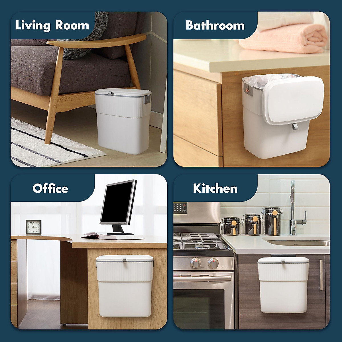 McKay Hanging Kitchen Trash Can with Lid, 30 Trash Bags|2.5 Gallon/10L Compost Bin for Under Sink, Small Trash Can,Food Waste Basket Wall-Mounted Garbage Can for Bathroom/Countertop/RV/Bedroom, White