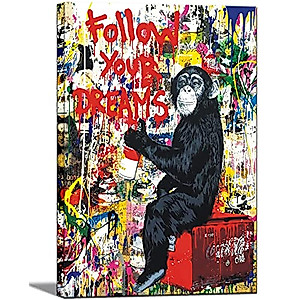 Banksy Street Graffiti Monkey Inspirational quotes Animal Canvas Art for Office Living Room Office Wall Decor Home Decoration Framed Ready to Hang,bedroom decor for men Cave (Graffiti monkey, 24inchx16inch)
