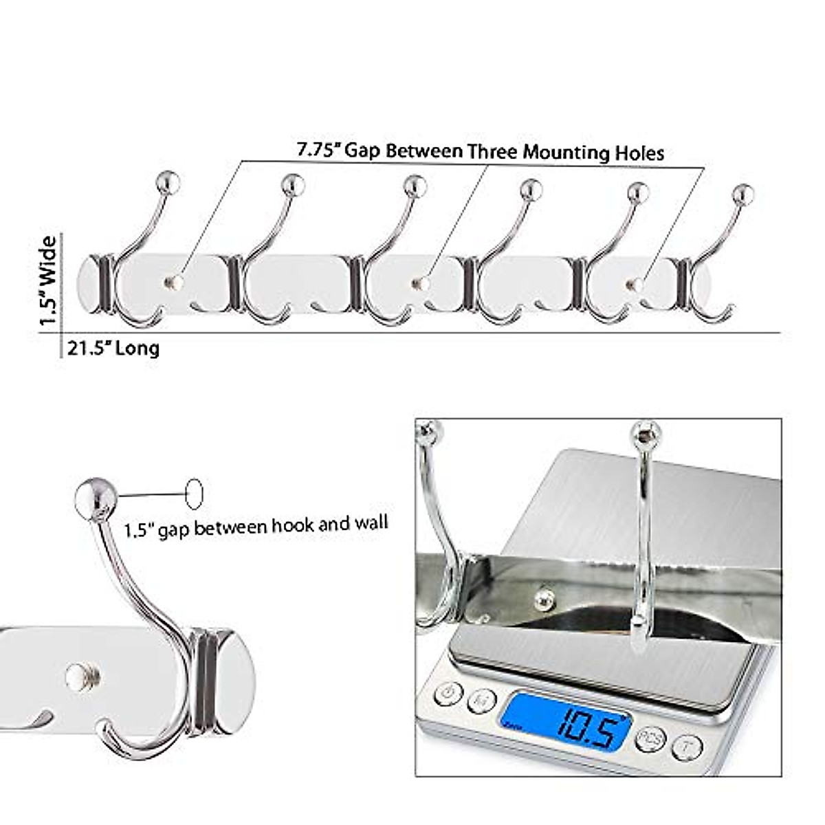 Wall Hooks Rack – Nickle Wall Mount Hook Rack with Six Double Hooks for Hanging Towels Coats Purse Bags & Clothes, Decorative Heavy Duty Mounted Hangers for Hats, Metal Hanger for Room