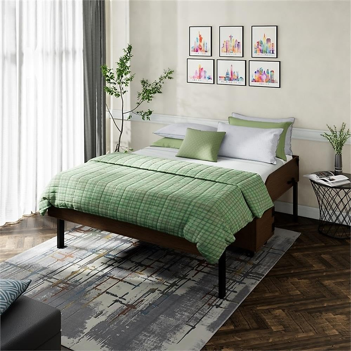 RoomAndLoft Queen Size Mobile Murphy Cabinet Bed in Solid Wood, in Brown, No Box Spring Needed, Pre-Assembled