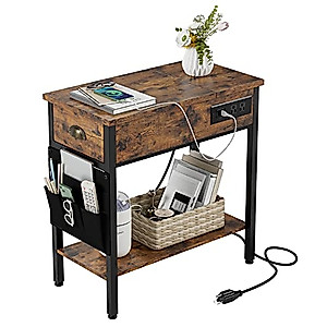 Entcook Side Table with Charging Station, End Table with Storage Drawer & 2 USB Ports & 2 Power Outlets, Narrow Nightstand for Small Spaces in Living Room, Bedroom Vintage