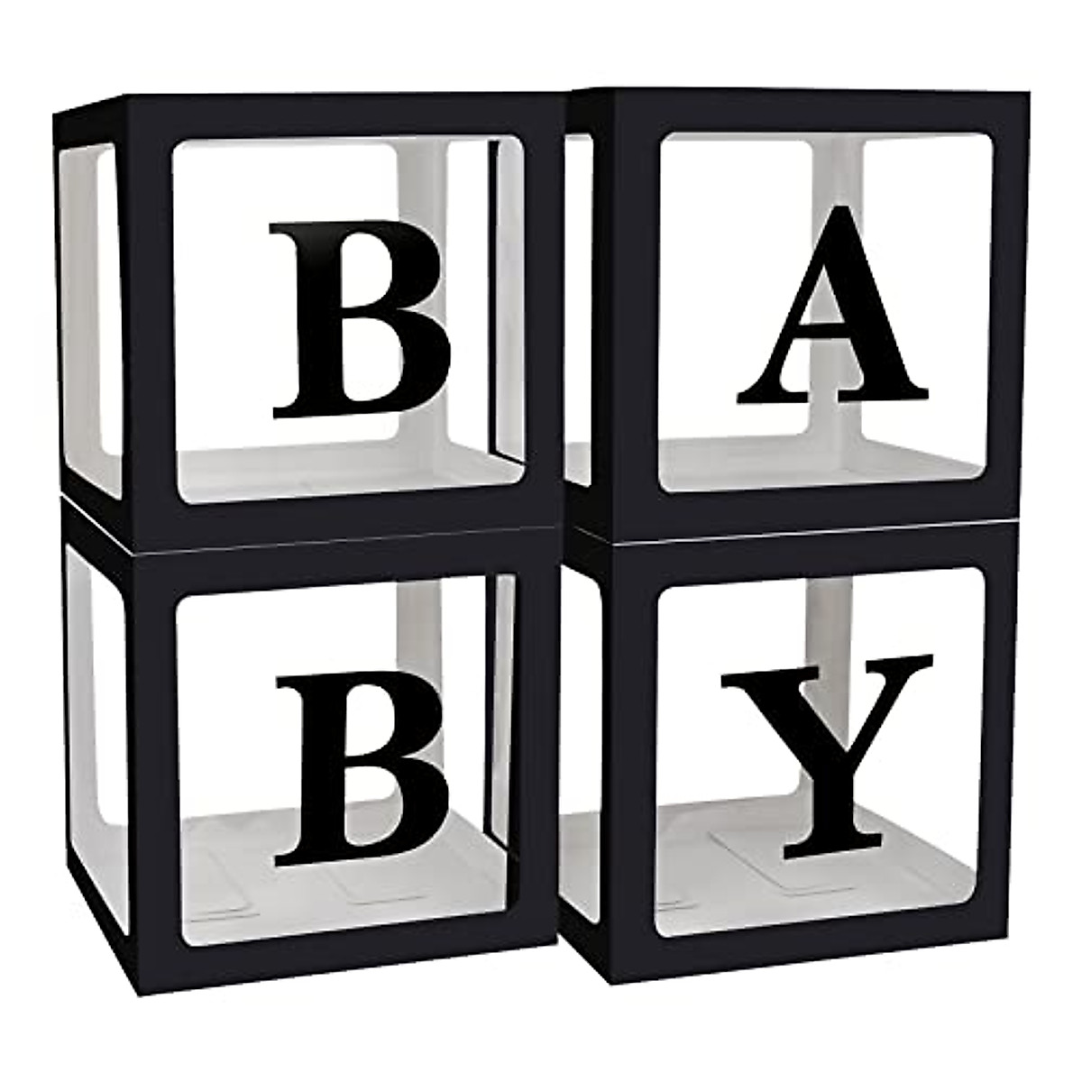 Baby Boxes with Letters for Baby Shower, 4 Transparent Balloon Boxes with 16 Letters for Boys & Girls Birthday, Gender Reveal Decorations and Wedding Party(Black)