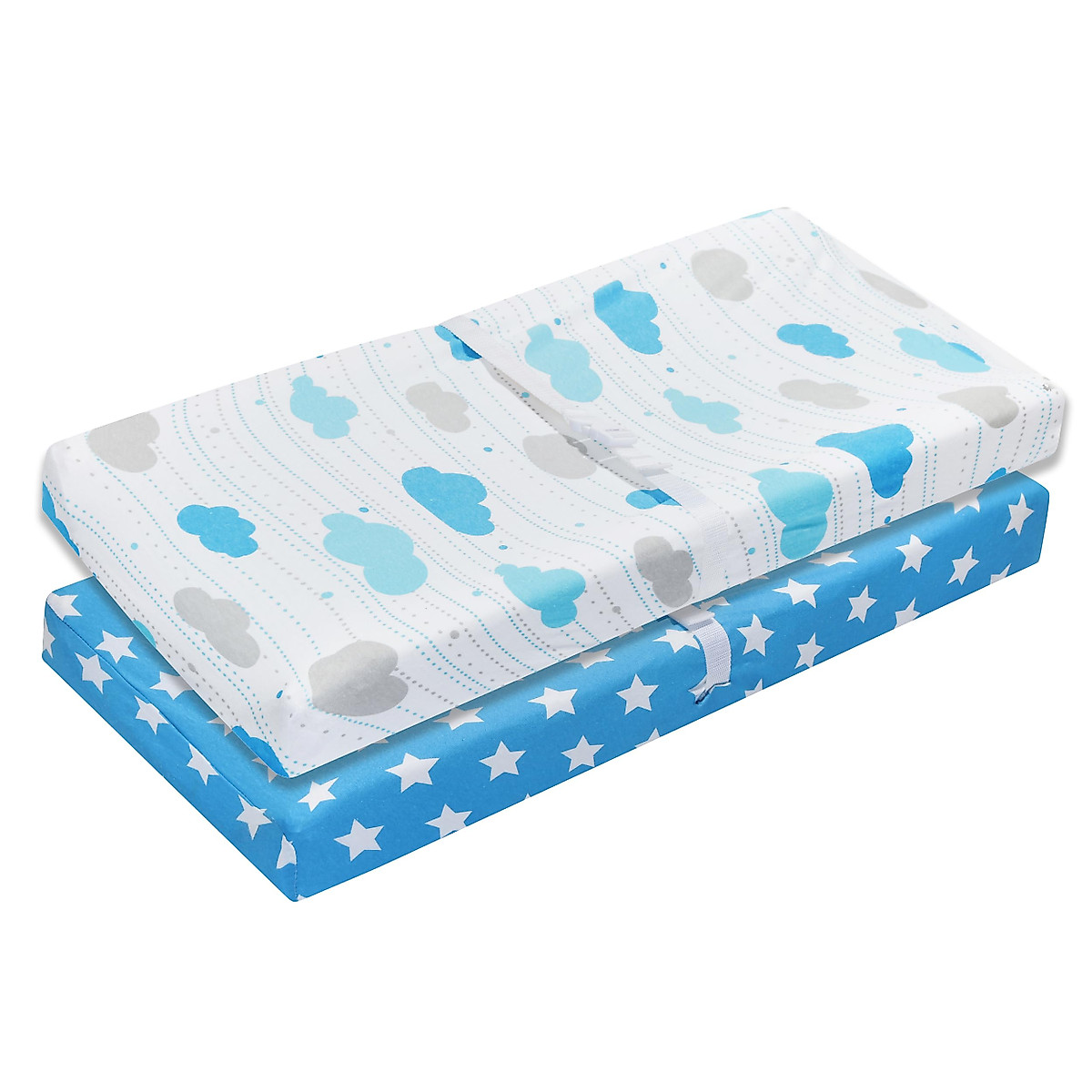 EVERYDAY KIDS 2 Pack Baby Changing Pad Covers for Baby Boy – Fits Most Changing Table Pads; 100% Cotton Jersey Knit, Breathable, Soft Changing Table Topper - Blue, White Stars + Blue, Gray Clouds