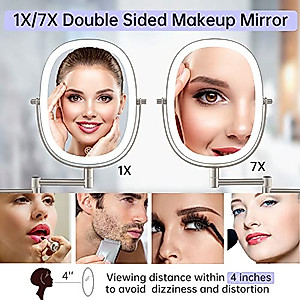 Rechargeable Wall Mounted Lighted Makeup Vanity Mirror, Double Sided 1X/7X Magnifying Mirror, 3 Color Lighting Option Dimmable, 360 Rotation Extension Foldable Arm, Oval Frame Shaving Light up Mirror
