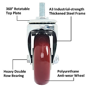 Finnhomy Swivel Caster Wheels 4 Inch Threaded Stem Casters Set of 4 Heavy Duty 1/2"-13 x 1" with Brake Polyurethane Industrial Locking Castors Wheels for Cart/Furniture 2200 Lbs Smooth Casters, Red