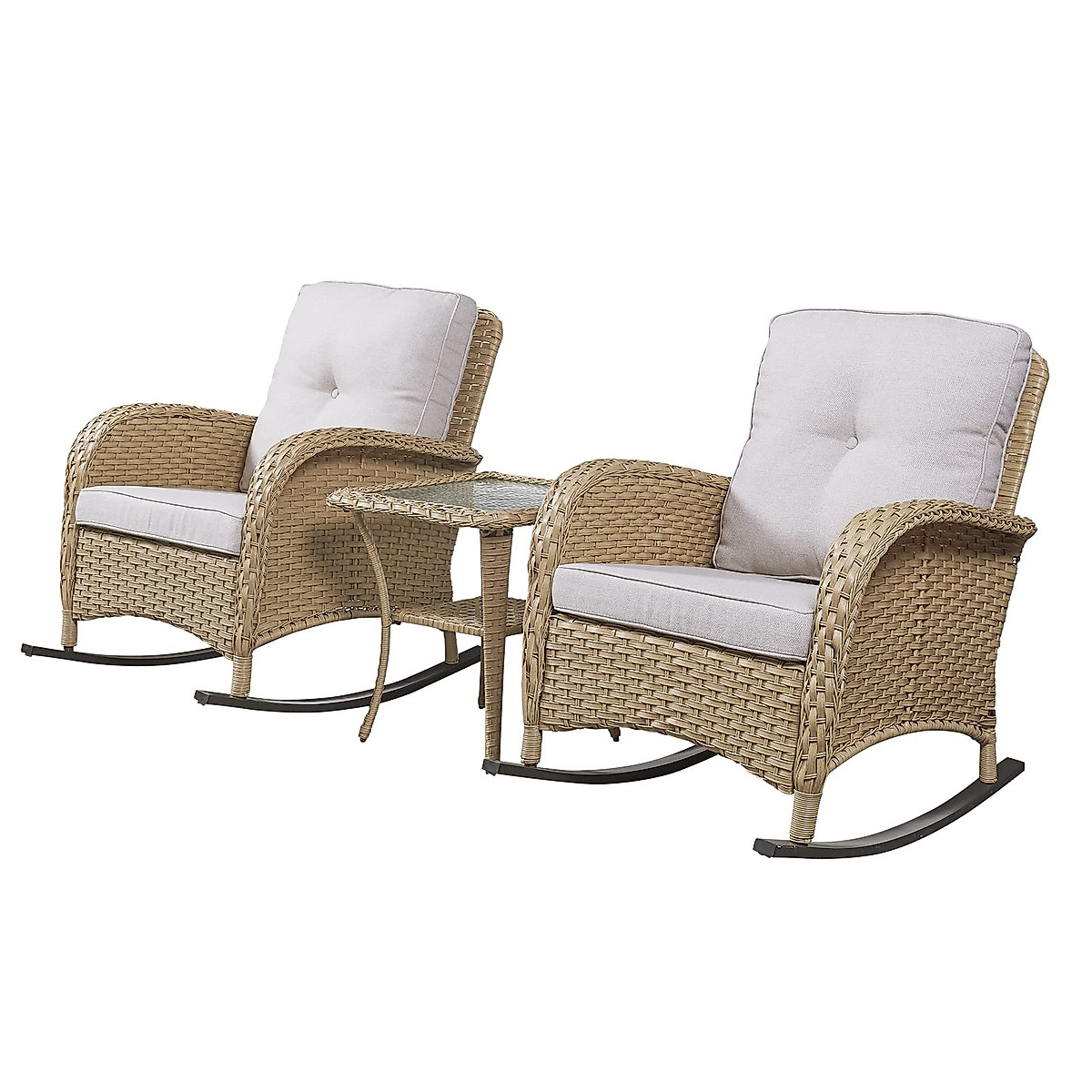 HUMMUH Patio Wicker Rocking Chairs Set of 2 Rattan Outdoor Rocking Chairs for Front Porch Garden Backyard Lawn Balcony Weather Rocker Chair with Side Table
