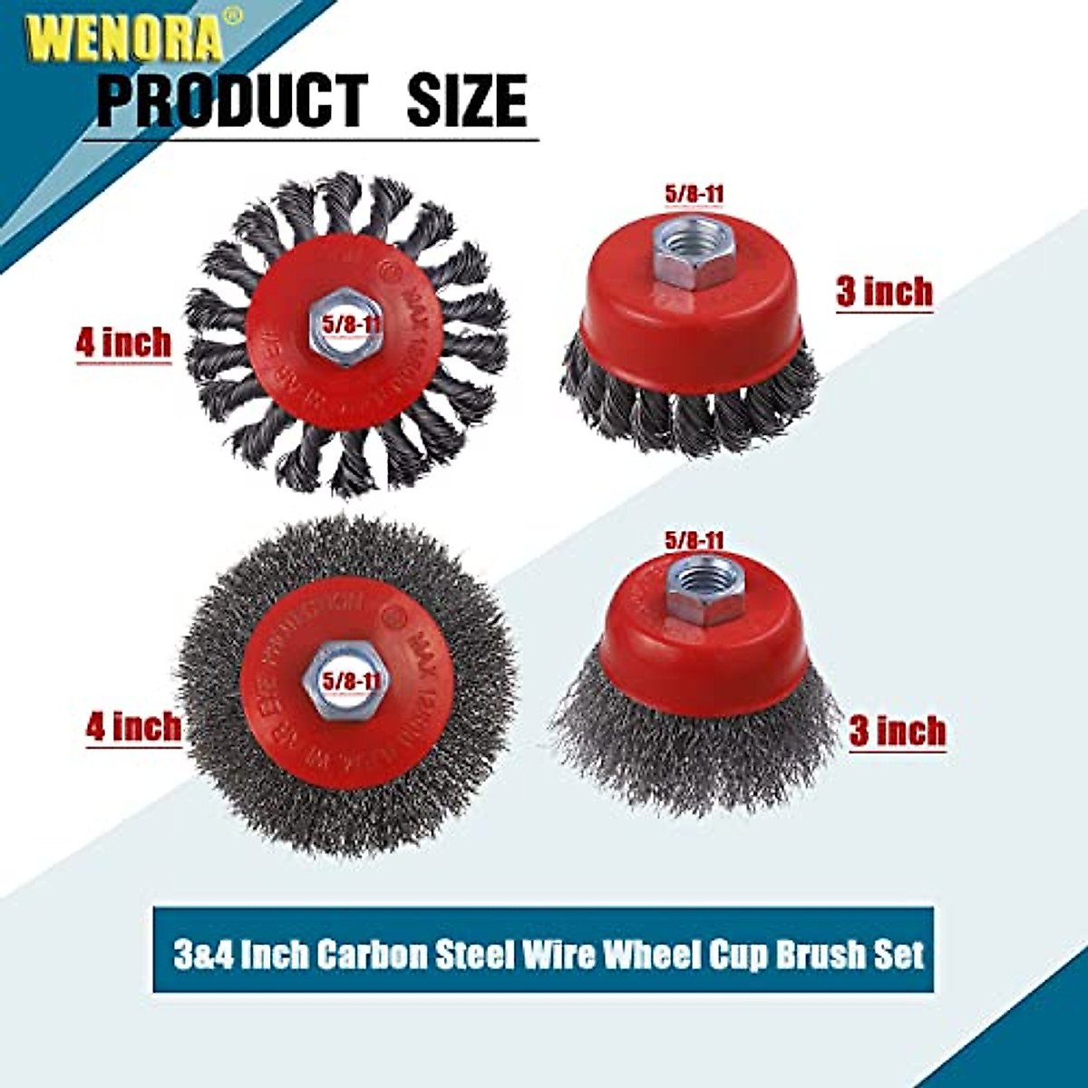 4 Pack 3&4 Inch Carbon Steel Wire Wheel Cup Brush Set, Twisted Knotted Cup Brush for Angle Grinder, 5/8 Inch-11 Threaded Arbor 0.02 Inch Carbon Steel Wire Wheel for Grinder