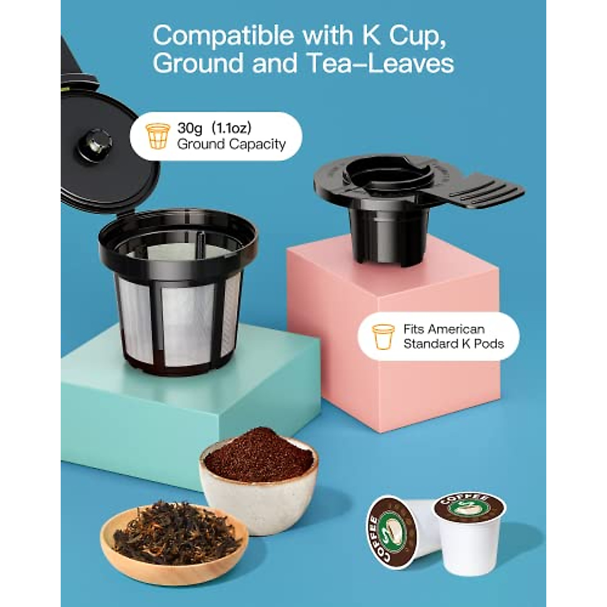 Hot and Iced Coffee Maker for K Cups and Ground Coffee, 4-5 Cups Coffee Maker and Single-serve Brewers, with 30Oz Removable Water Reservoir, 6 to 24Oz Cup Size, Pot and Tumbler Not Included, Blue