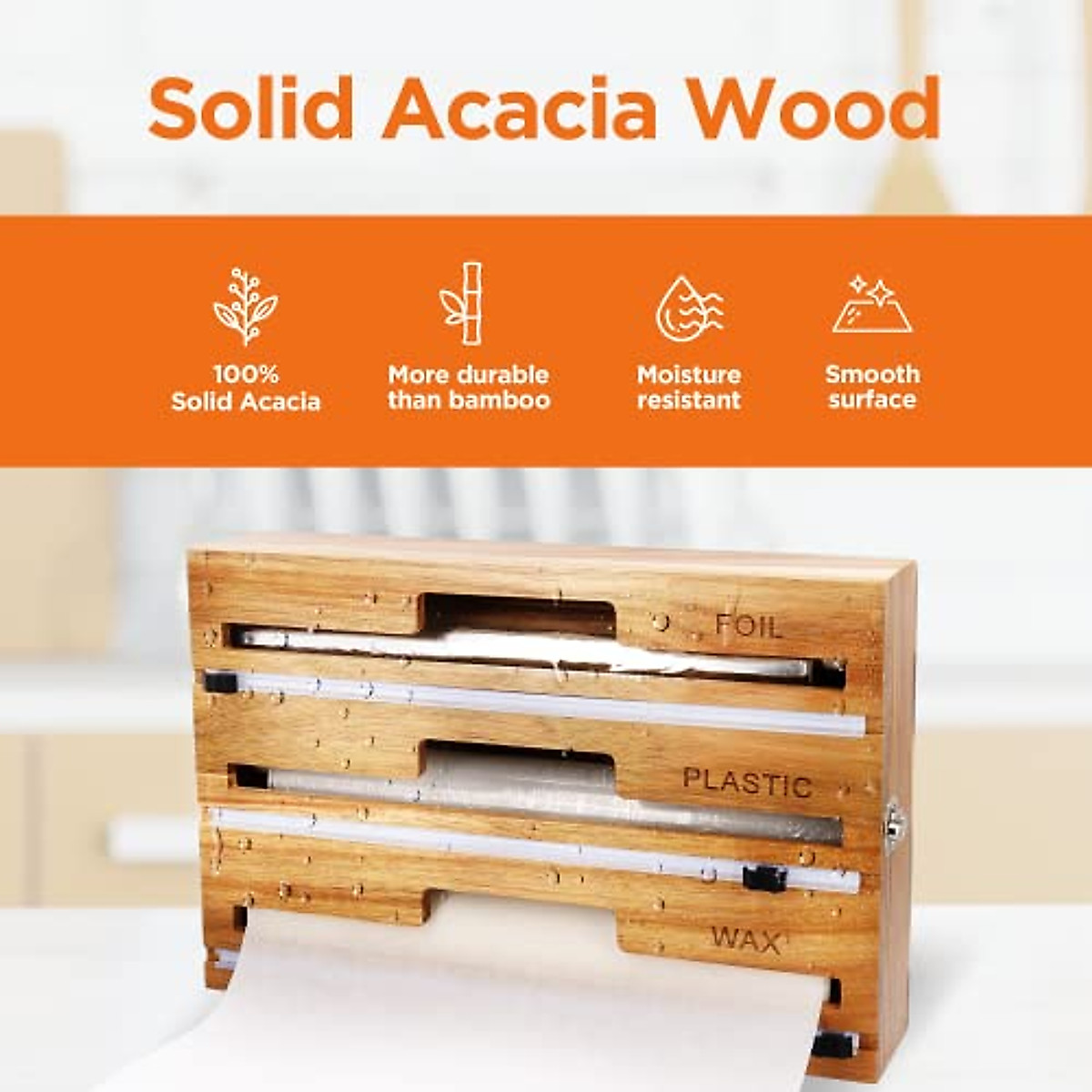 Foil and Plastic Wrap Organizer Acacia Wood 3 in 1 wrap Dispenser with Cutter Aluminum Foil Wax Paper Kitchen Drawer Organizer with Cutter