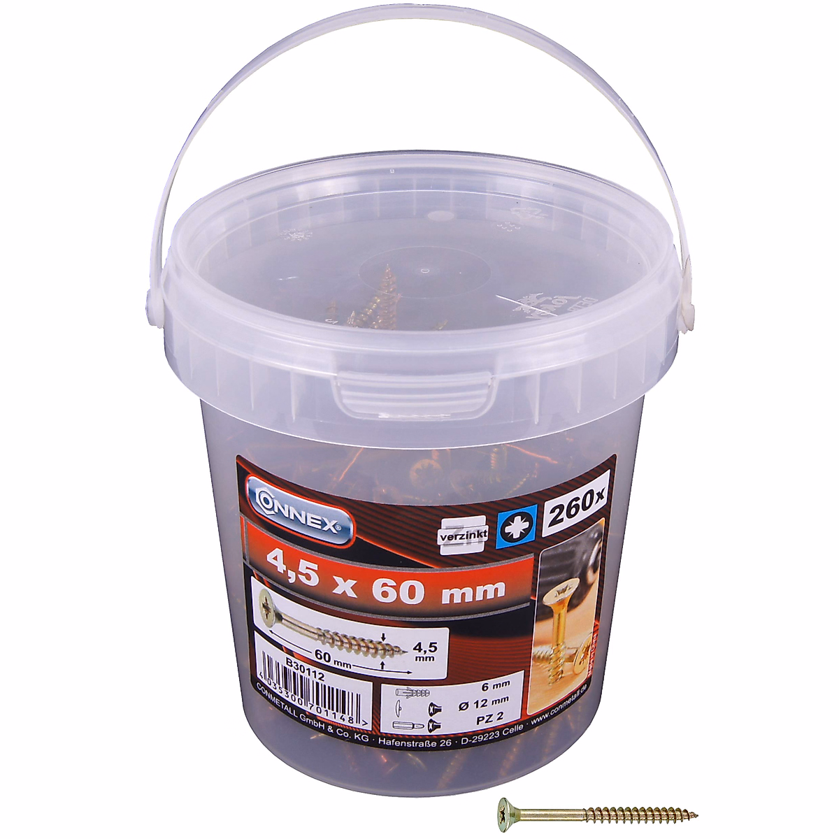 CONNEX B30112 Uni. Screw PZ 4,5x60 per Bucket, Gold, 4,5 x 60 mm (260 Stück)