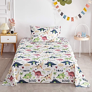 Dinosaur Twin Sheet Set for Kids Boys Teens Cute 3 Pieces White Microfiber Bedding Set with Green Red Yellow Blue Dinosaur Colorful Monster Style