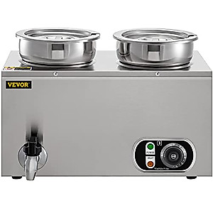 VEVOR 110V Commercial Food Warmer 8.4 Qt Capacity, 500W Electric Soup Warmer Adjustable Temp.86-185℉, Stainless Steel Countertop Soup Pot with Tap, Bain Marie Food Warmer for Cheese/Hot Dog/Rice