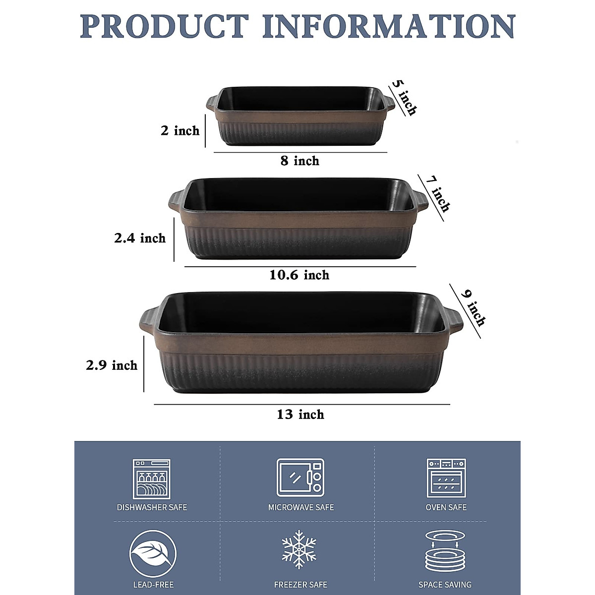 Kanwone Ceramic Baking Dishes, Rectangular Lasagna Pans, Casserole Dishes, Bakeware Set for Cooking, Kitchen, Cake Dinner, 9 x 13 Inches, Stripe Series - Reactive Glazed (Matte Black)