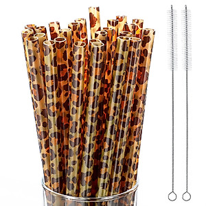 Leopard Print Plastic Straws Drinking Printed Animal Straws Safari Themed Plastic Straws and Cleaning Brush for Drinking Birthday Animal Birthday Party Favors Supplies (Classic Style, 27)