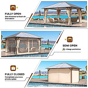 YOLENY 12'x14' Hardtop Gazebo, Outdoor Polycarbonate Roof Canopy, Aluminum Frame Permanent Pavilion with Curtains and Netting, Sunshade for Garden, Patio, Lawns