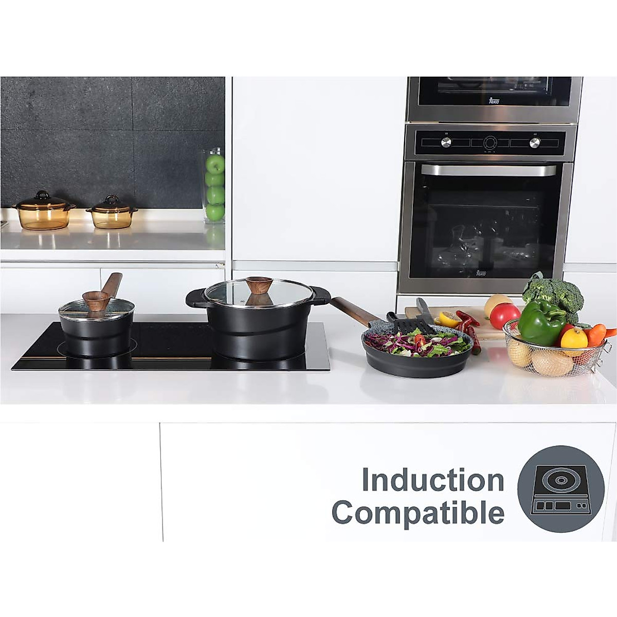 MAISON ARTS Cookware Sets Nonstick, 12 Piece Induction Pots and Pans Set, Dishwasher Safe, Granite