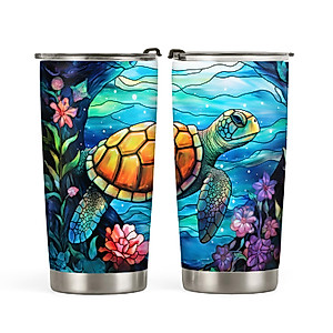 20oz Blue Stained Glass Flower Sea Turtle Tumbler, Gifts for Turtle Lovers, Ocean, Beach Gifts, Coffee Thermos for Women, Stainless Steel Double Wall Vacuum Insulated Coffee Mug, Travel Cup with Lid