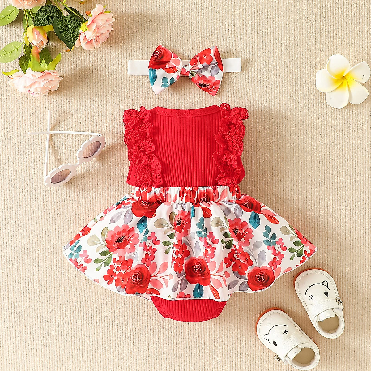 Newborn Girl Clothes Sleeveless Lace Floral Romper Dress Jumpsuit Bodysuit with Headband Infant Baby Summer Outfits (Red,3-6M)