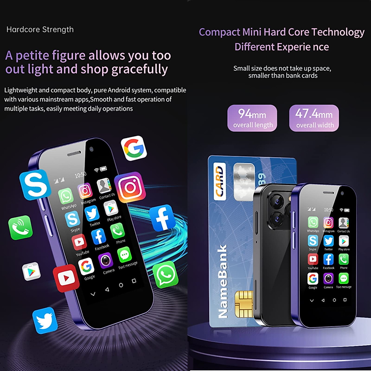 XS14Pro Mini 4G Smartphone 3.0 Inch Quad Core Dual Sim Ultra Thin Unlocked Card Mobile Phone WiFi Bluetooth Hotspot Student Pocket Cellphone Global Version(RAM 3GB+ROM 64GB, Black)