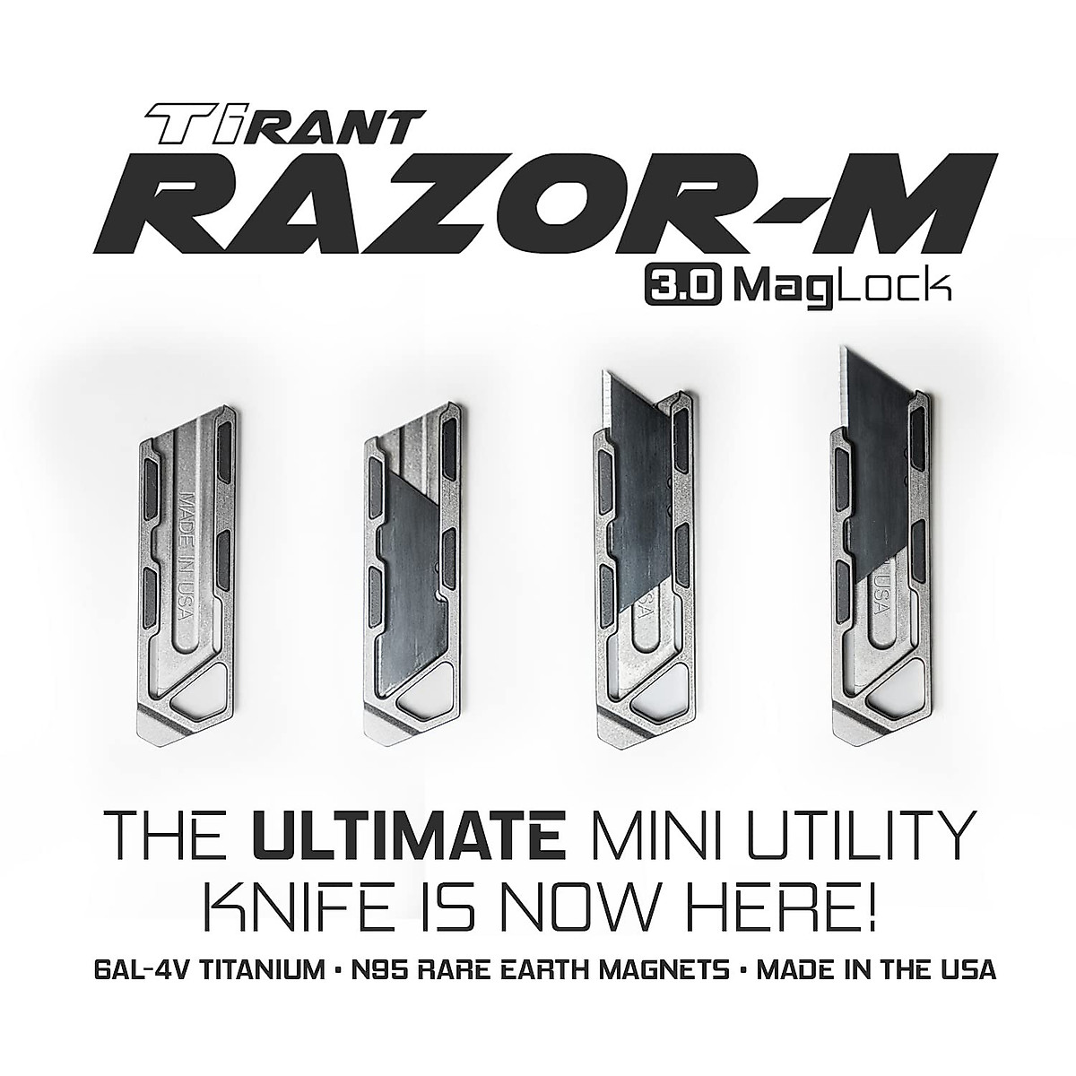 Exceed Designs TIRANT RAZOR-M 3.0 Magnetic Slide (Stonewashed) 6Al-4V Titanium Utility Knife & Pry Bar, EDC Knife, Box Cutter, MADE IN USA (Silver Magnets/NO Clip)